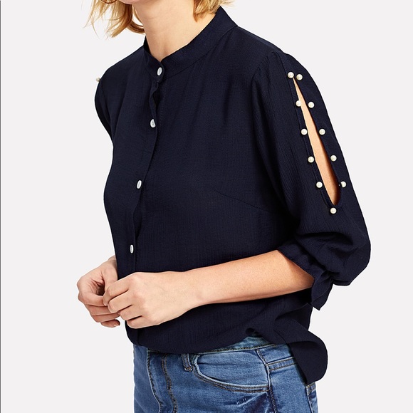 Tops | Split Sleeve Button Down W Faux Pearl Detail | Poshmark
